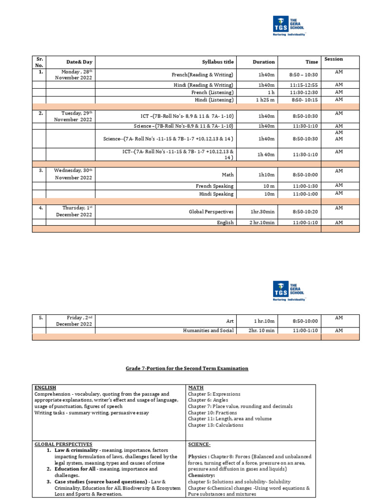 Grade 7 Term 2 Exam Timetable 2022 | PDF | Solubility