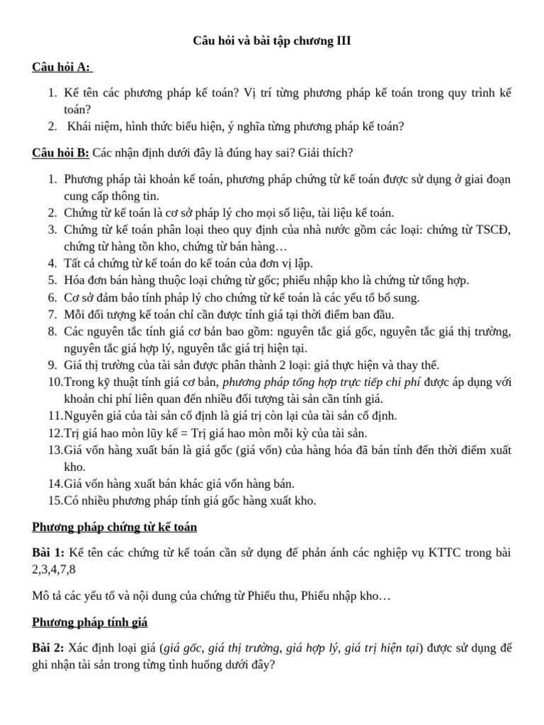 Câu Hỏi Và Bài Tập Chương 3 - SV | PDF