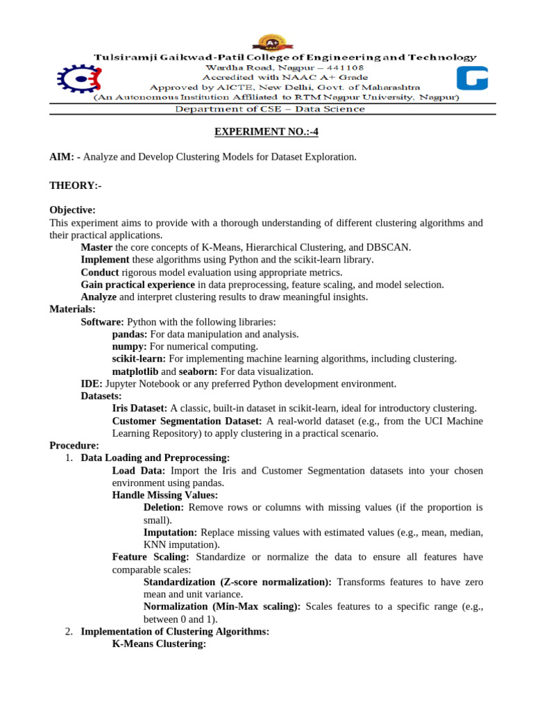 Experiment 4 1 | PDF | Cluster Analysis | Statistical Analysis