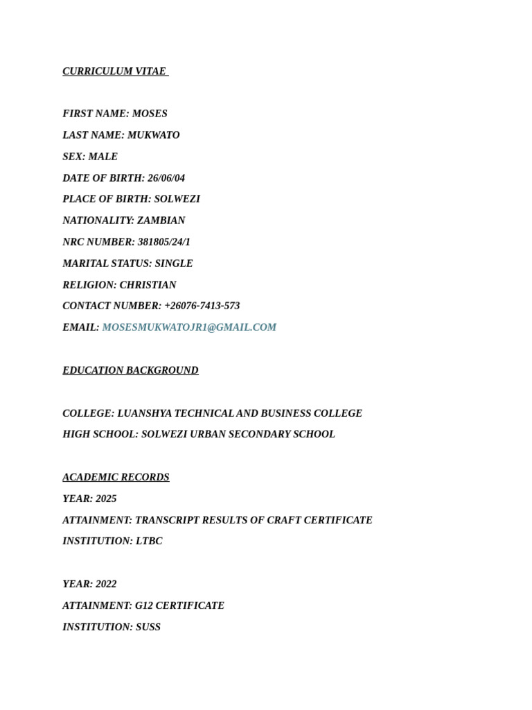MOSES MUKWATO.CV | PDF