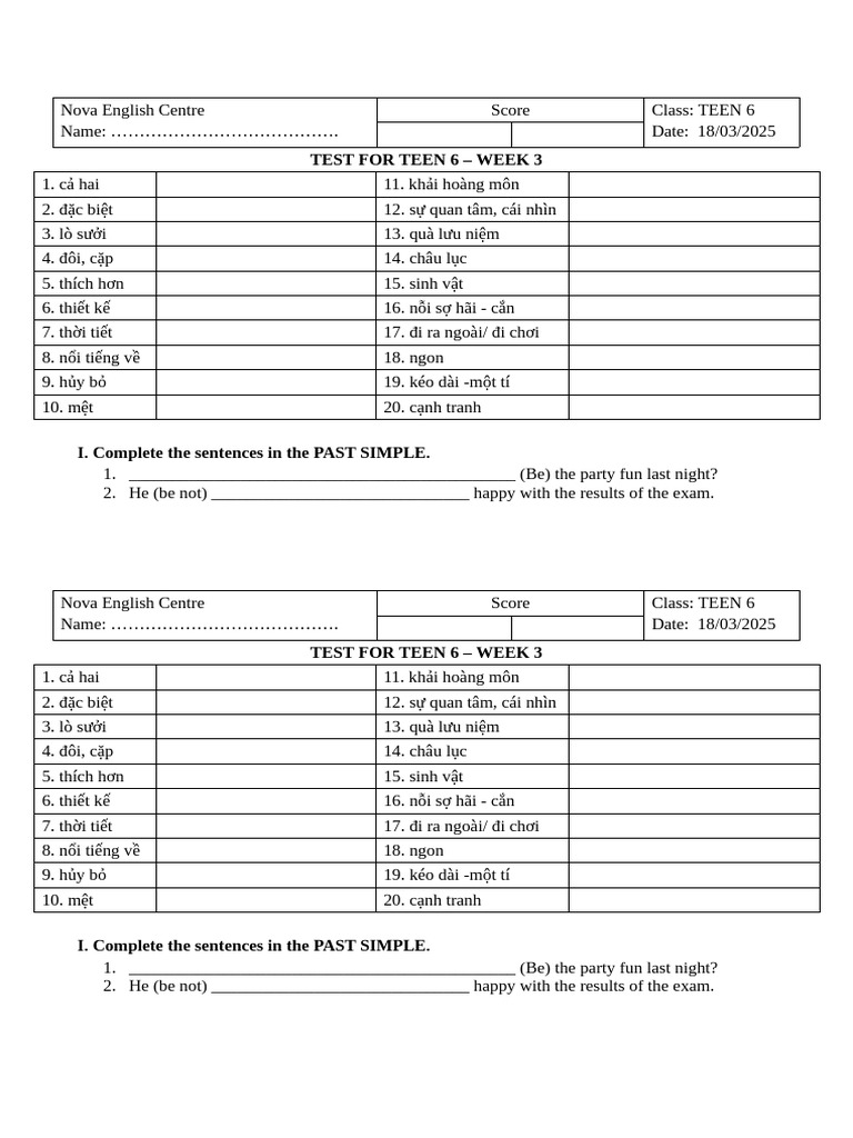 TEEN 6 Test: Past Simple & Possessives | PDF | Linguistics | Syntactic ...