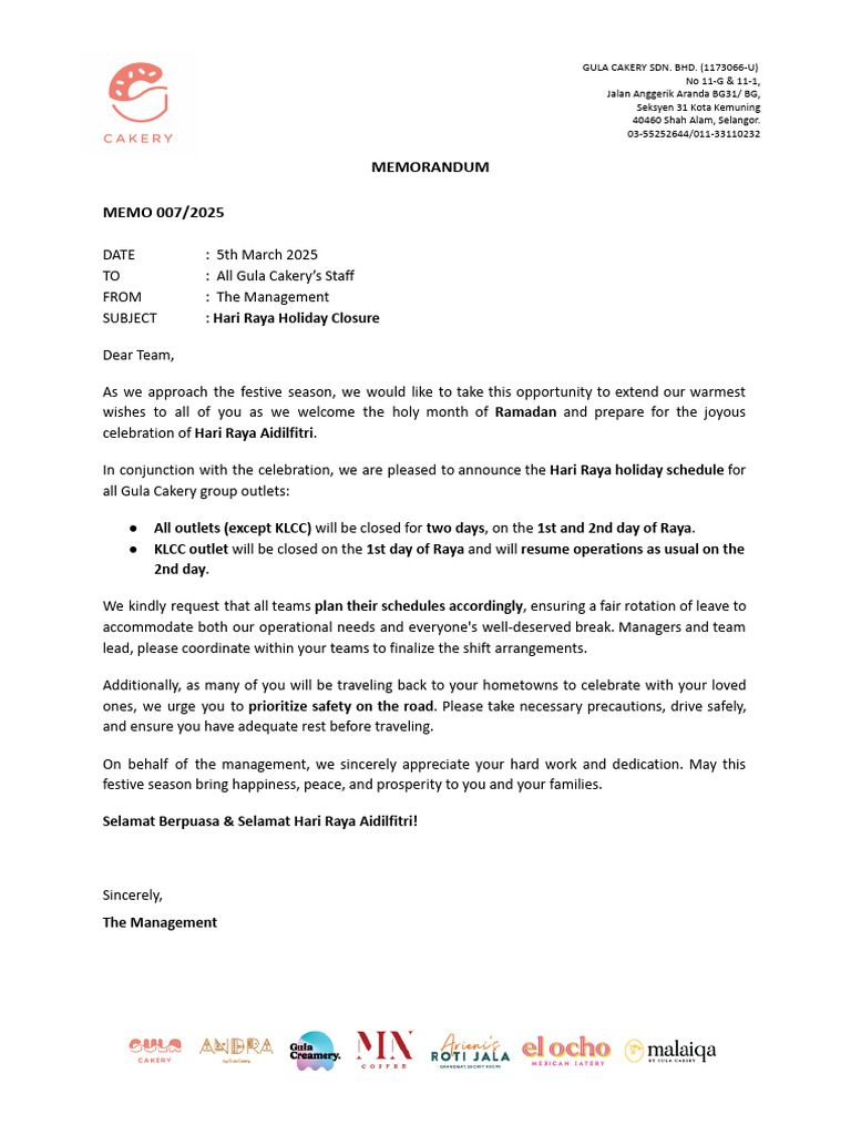 Hari Raya Holiday Schedule 2025 | PDF