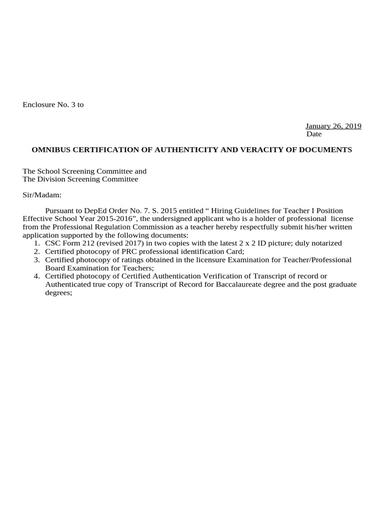 Omnibus Certification of Authenticity and Veracity of Documents | PDF