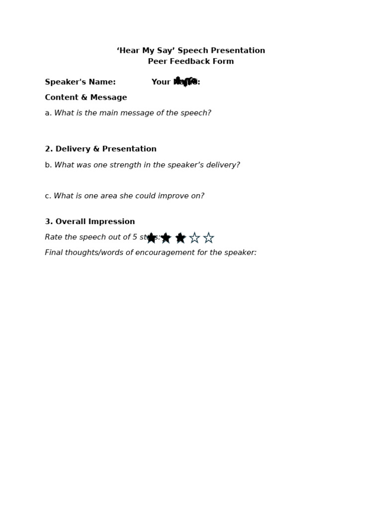 Hear My Say - Peer Feedback Form | PDF
