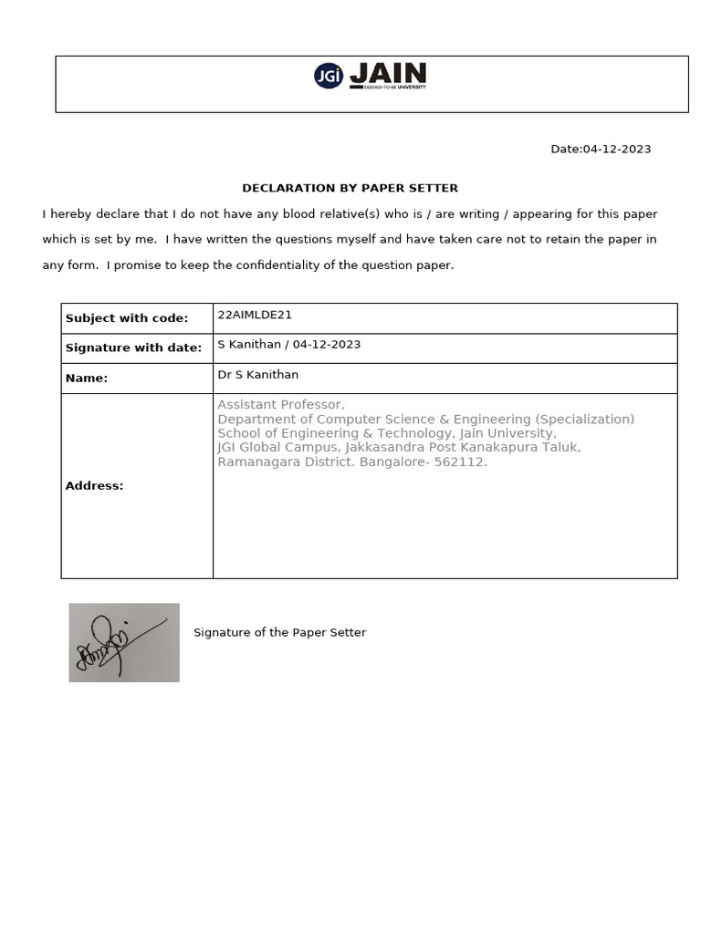 Declaration of Paper Setter for Exam | PDF