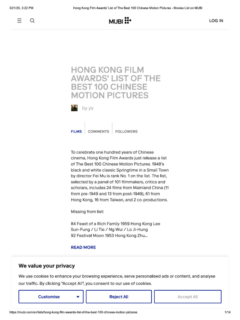 Hong Kong Film Awards List of The Best... Motion Pictures Movies List On MUBI | PDF