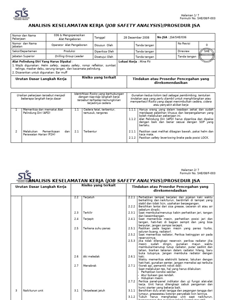 JSA Mengoperasikan Alat Pengeboran | PDF