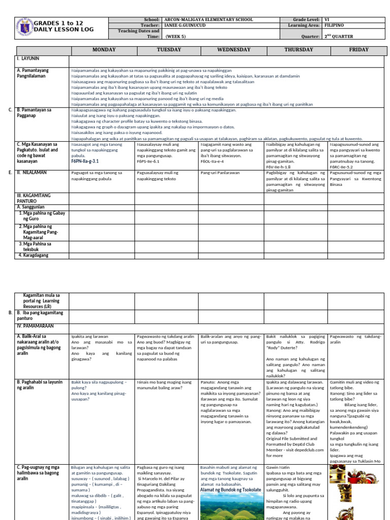 DLL Filipino 6 q2 w5 | PDF