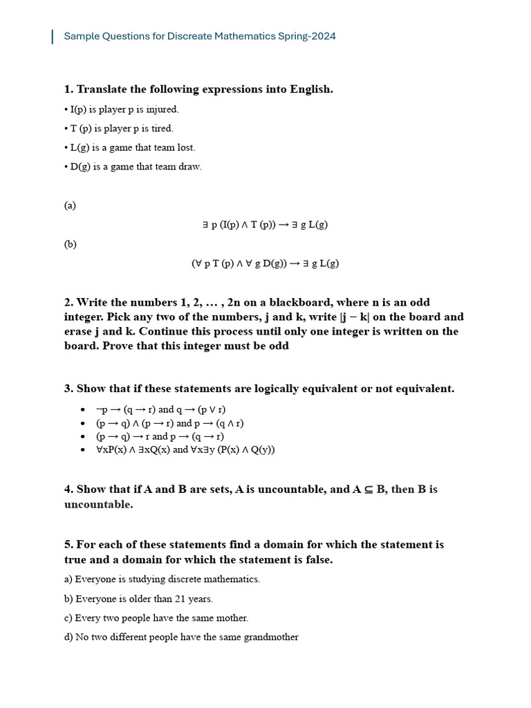 Sample Questions For Discreate Mathematics Spring 2024 1 1 | PDF