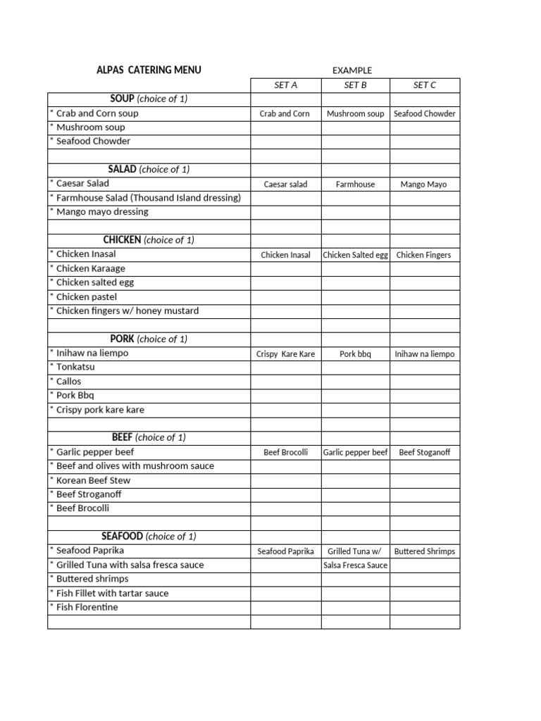 Alpas Catering Menu Overview | PDF | Sauce | Pasta