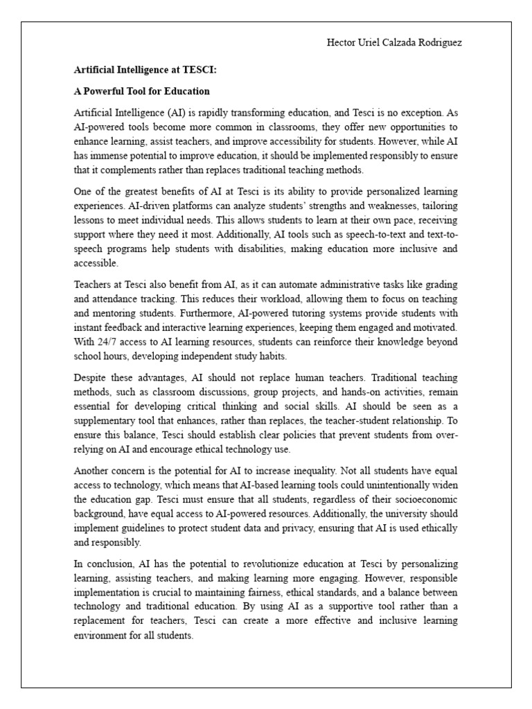 ARGUMENTATIVE ESSAY (Artificial Intelligence at TESCI) | PDF ...