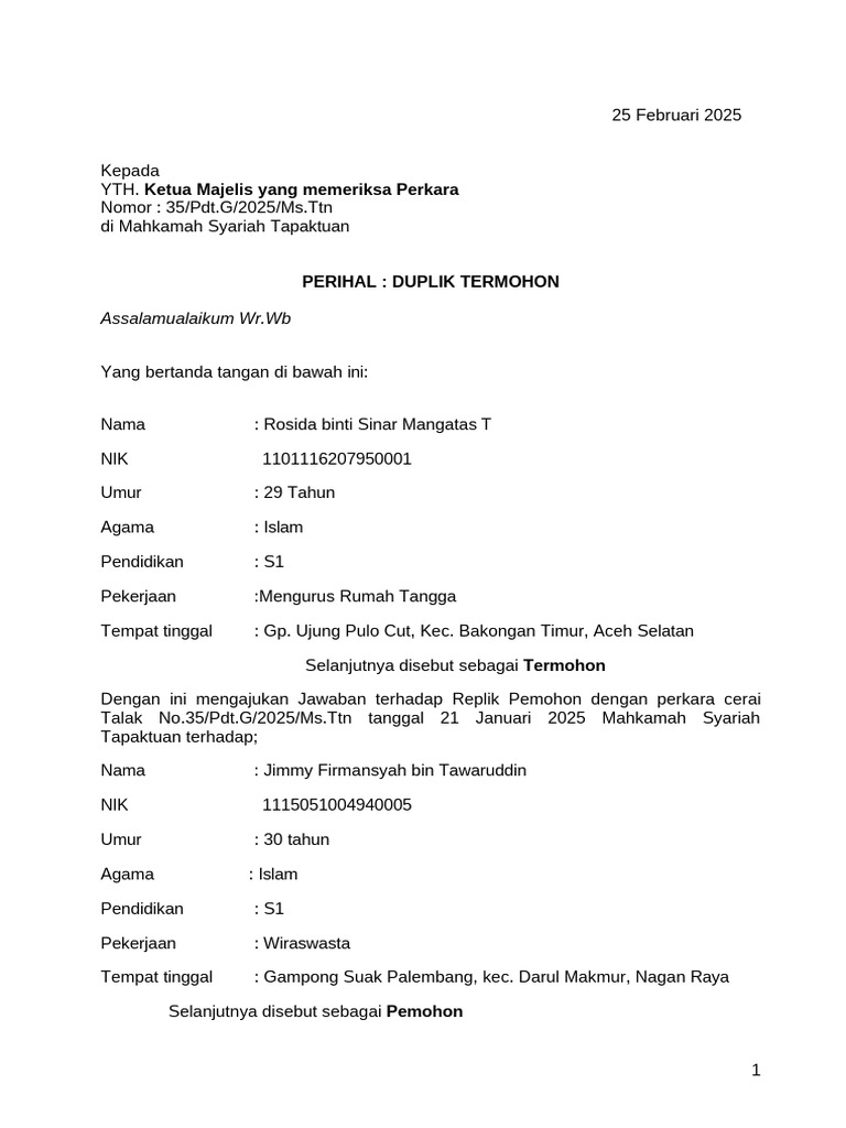 Duplik Termohon Rosida | PDF