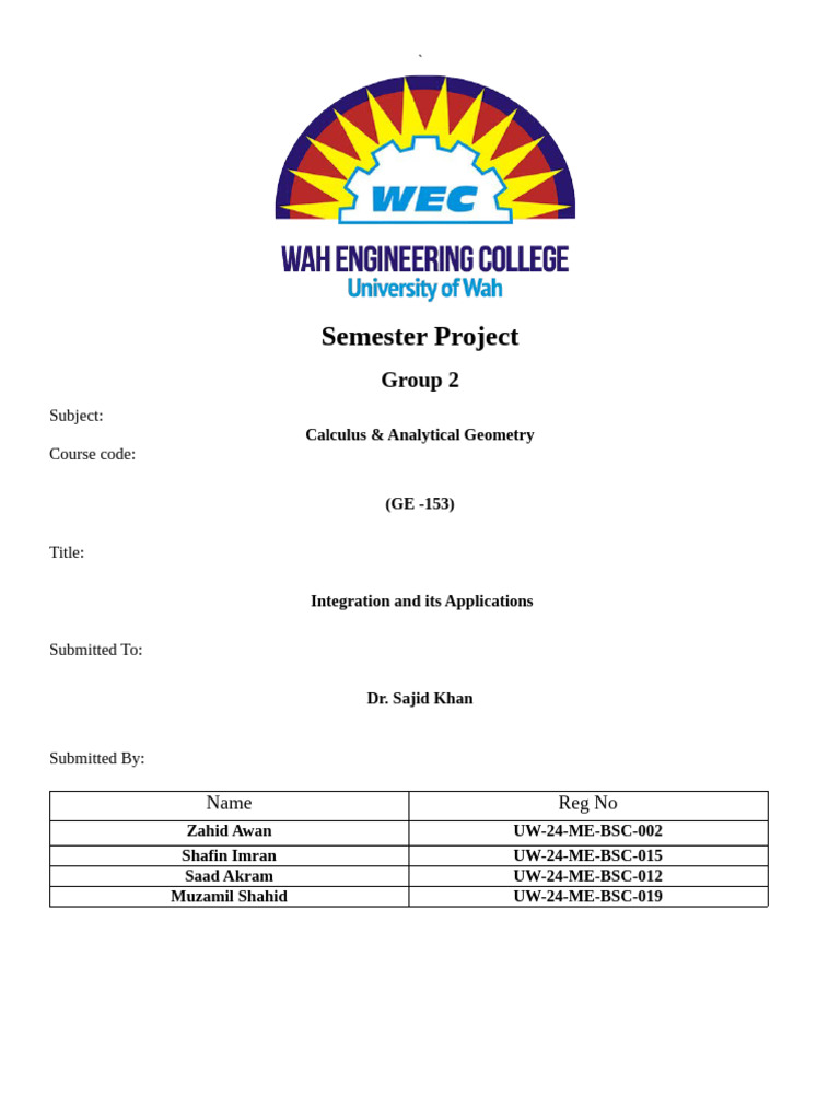Calculus Project final | PDF | Integral | Calculus