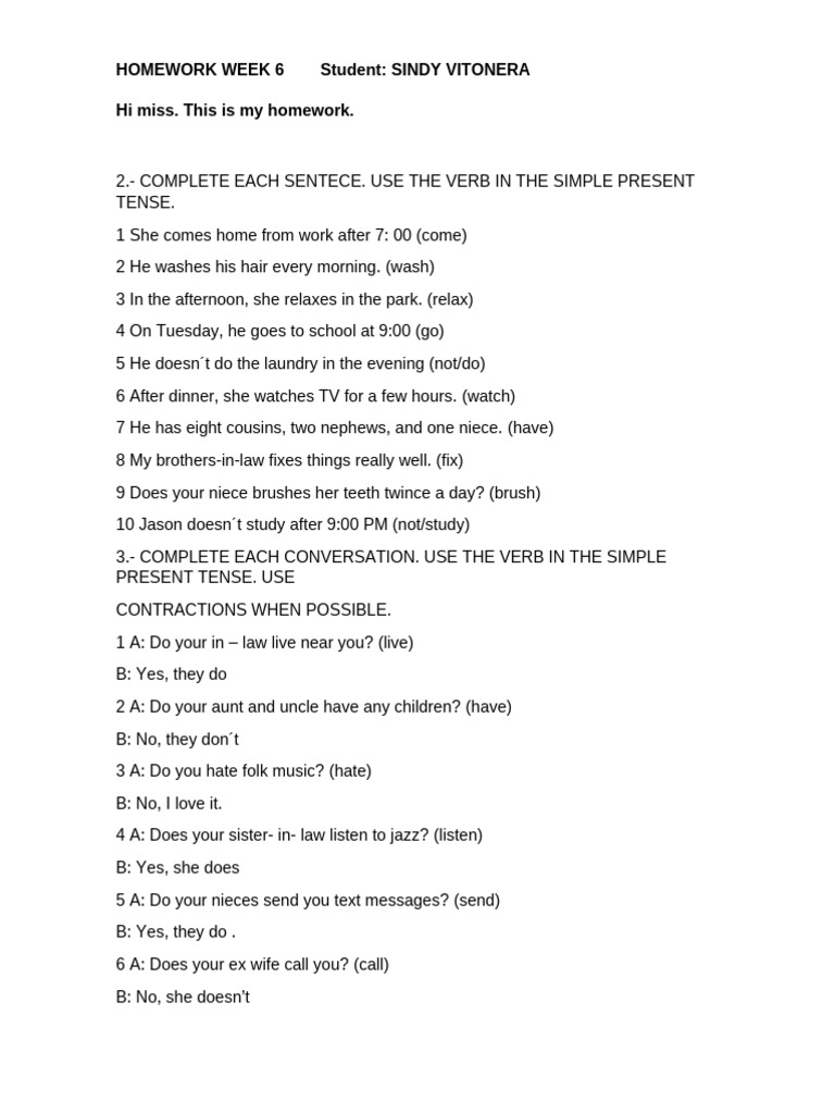 Simple Present Tense Homework Exercise | PDF