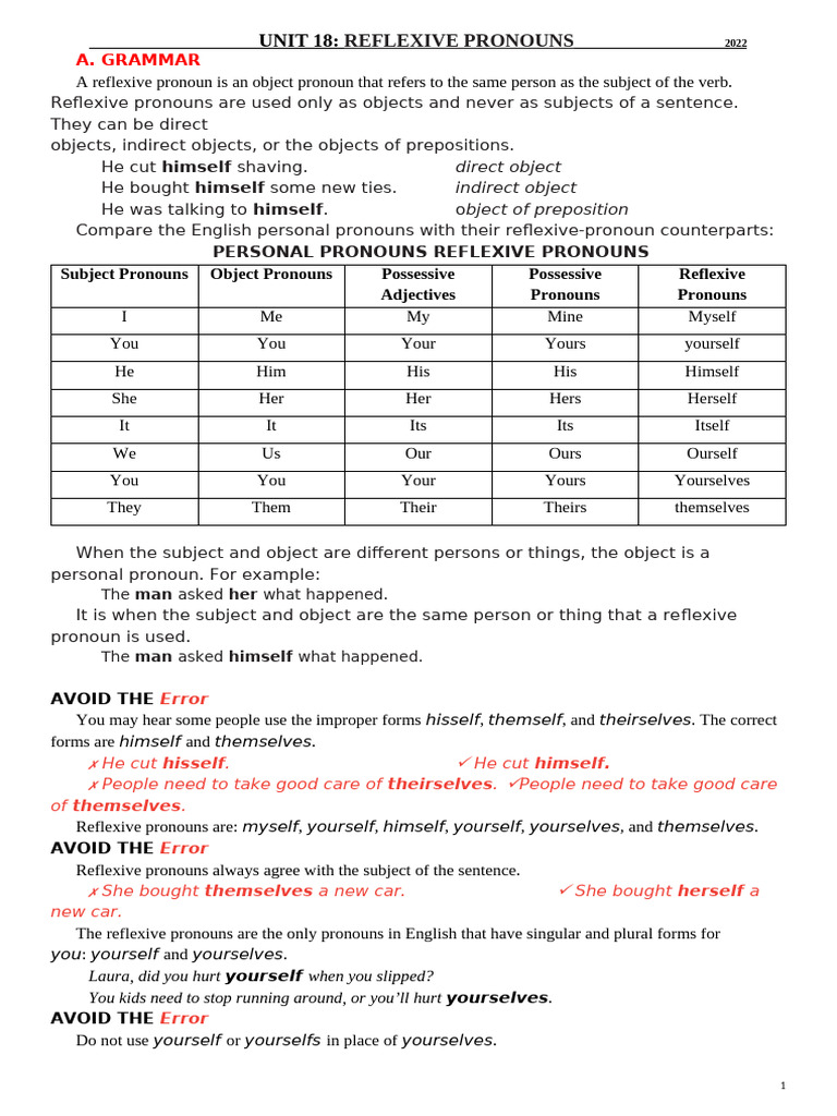 Unit 18 - Reflexive Pronouns | PDF | Pronoun | Grammatical Number