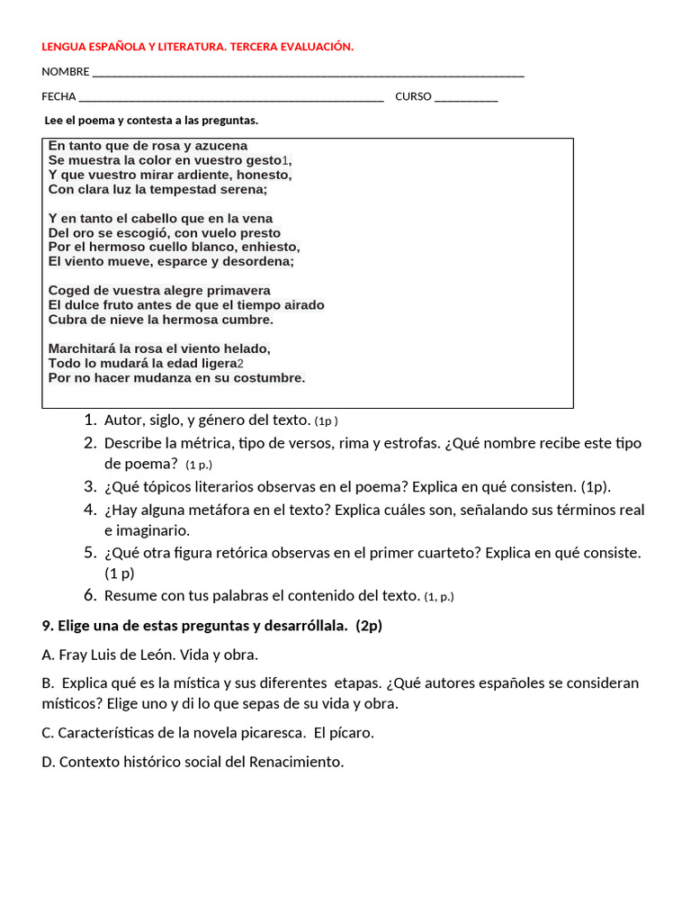 Examen Literatura y Sintaxis Modelo 1º Bach | PDF
