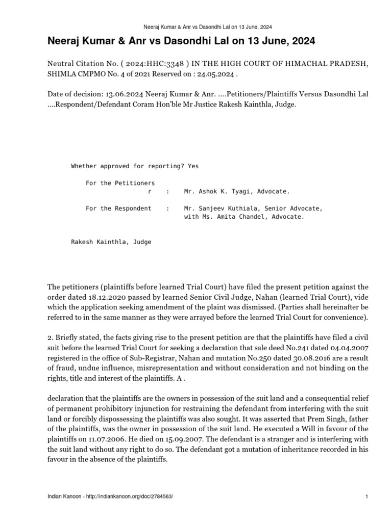 Neeraj Kumar Anr Vs Dasondhi Lal On 13 June 2024 | PDF | Lawsuit ...