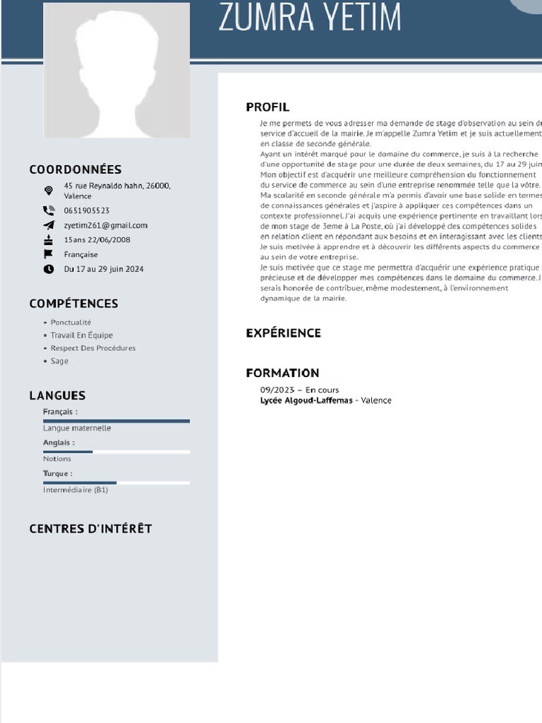 CV demande de stage d’observation | PDF