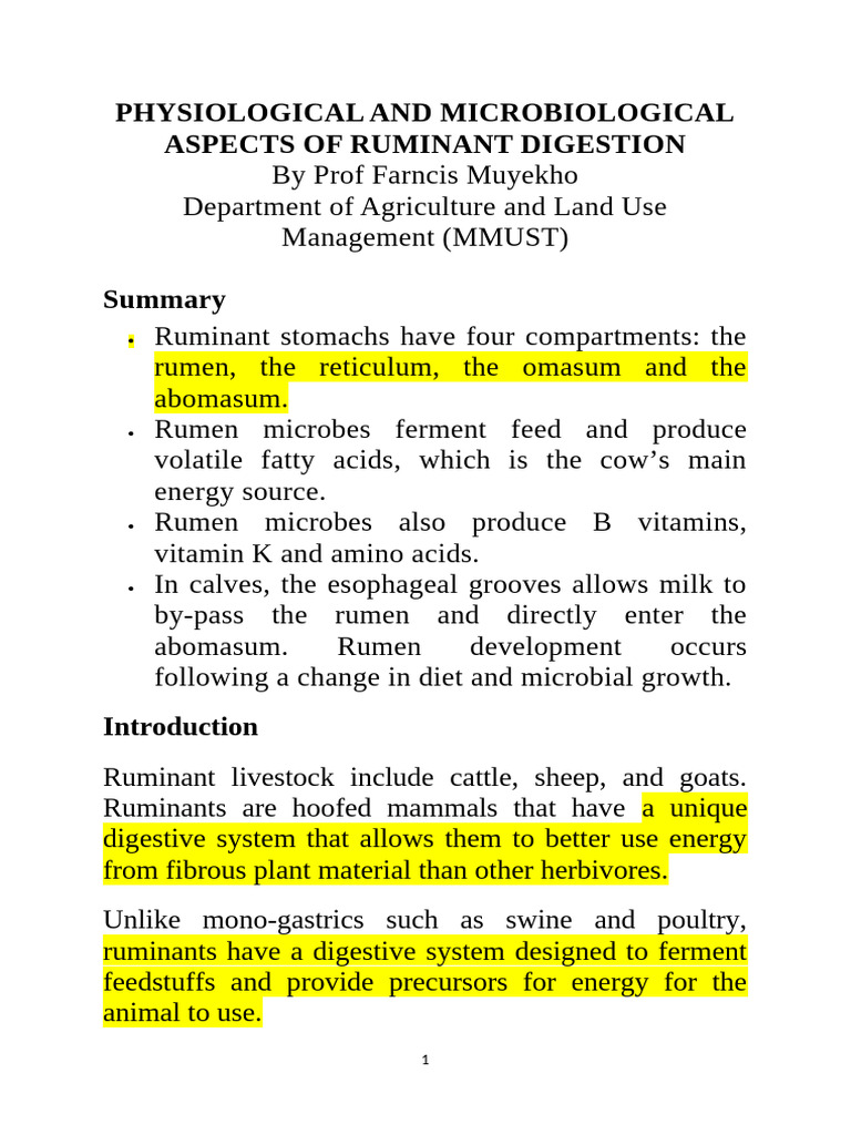 Lecture 2 - Physiological and Microbiological Aspects of Ruminant Digestion | PDF | Ruminant ...