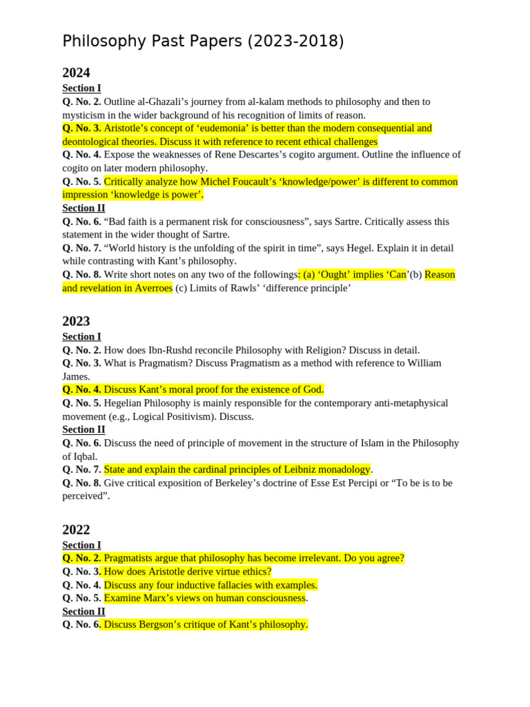 Philosophy Past Papers 2018-2023 | PDF | Pragmatism | Immanuel Kant
