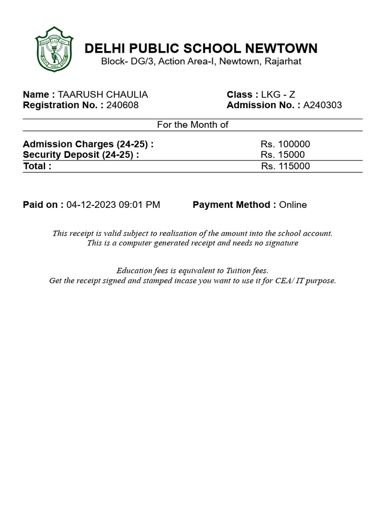 Delhi Public School Newtown Fee Receipt | PDF