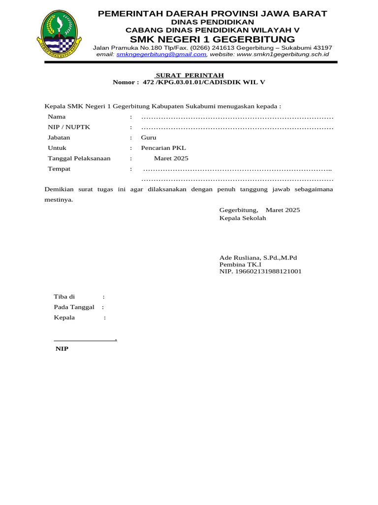 Surat Tugas Pencarian PKL SMK Gegerbitung | PDF
