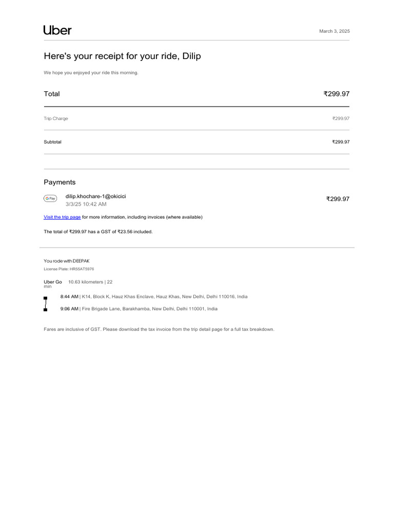 Uber - 03mar25 - Gsthouse To Delhioffice | PDF