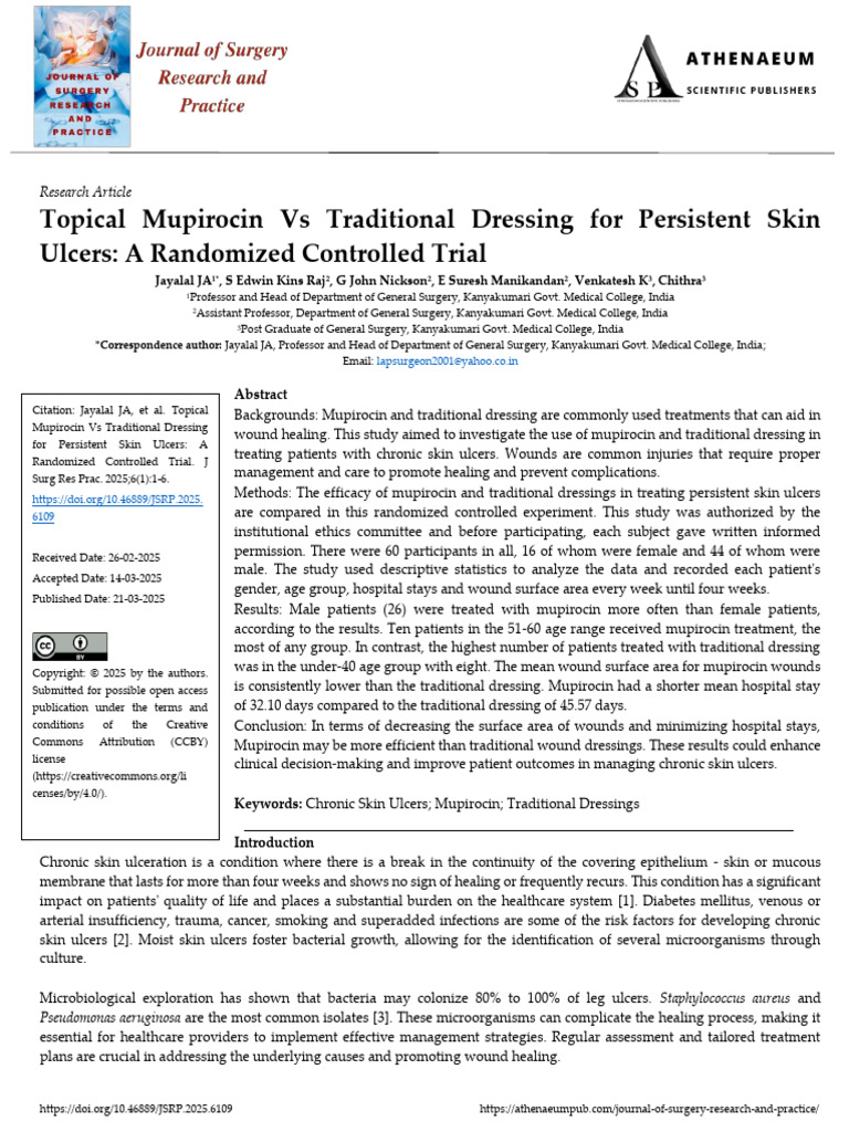 Topical Mupirocin vs Traditional Dressing for Persistent Skin Ulcers a ...