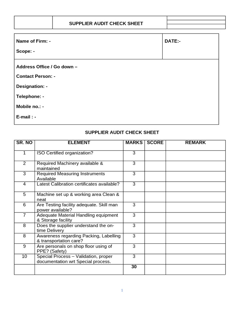 Supplier Audit Checklist Template | PDF | Audit