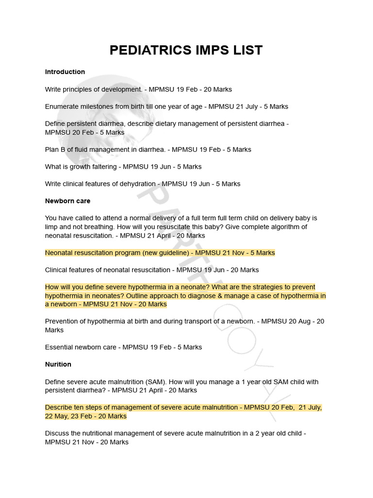 Pediatrics Imps List | PDF | Anemia | Diseases And Disorders