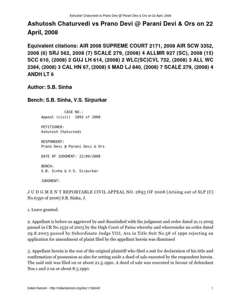 Ashutosh Chaturvedi Vs Prano Devi Parani Devi Ors On 22 April 2008 | PDF | Lawsuit | Justice