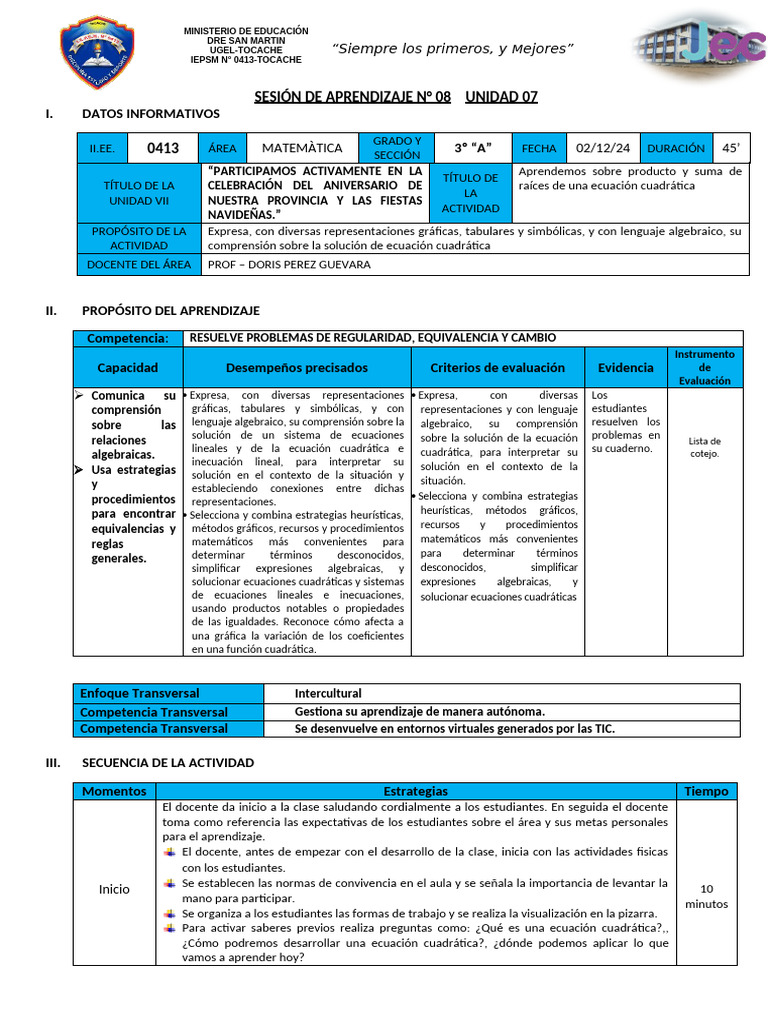 Actividad 08 - Tercero e - Unidad 07 | PDF | Ecuaciones | Ecuación cuadrática