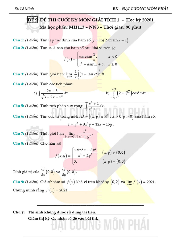 Giải chi tiết đề thi CK 20201 - GT1 - NN3 - Đề 09 | PDF