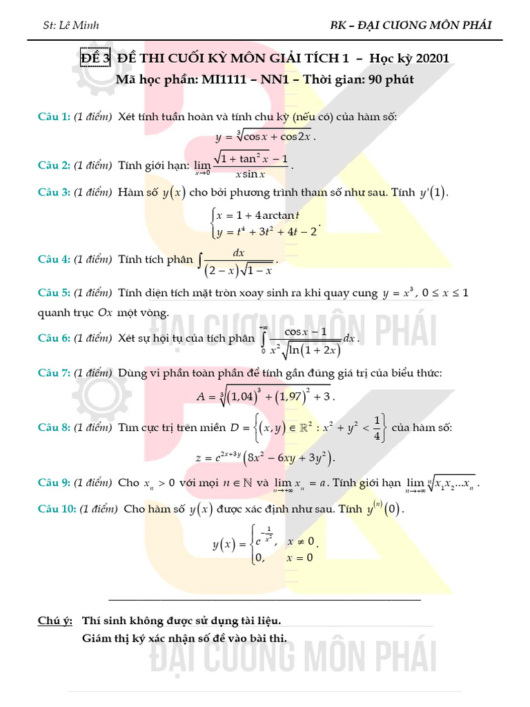 Giải chi tiết đề thi CK 20201 - GT1 - NN1 - Đề 03 | PDF