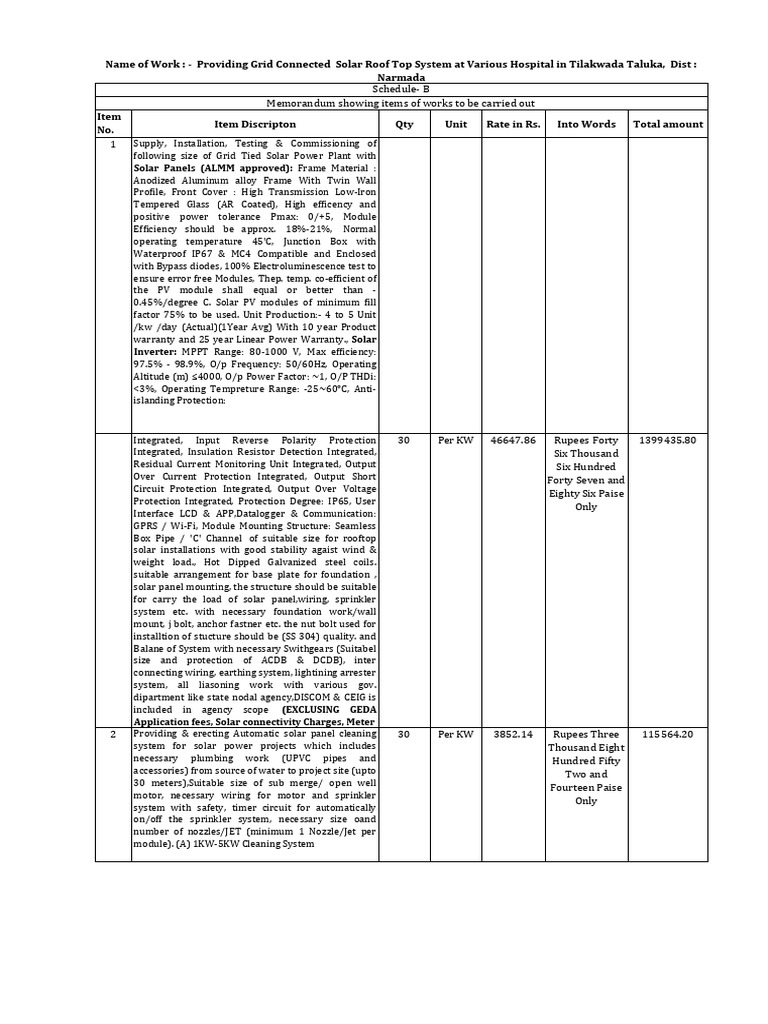 Schedule Solar Roof Top Tilakwada | PDF | Solar Panel | Photovoltaic System