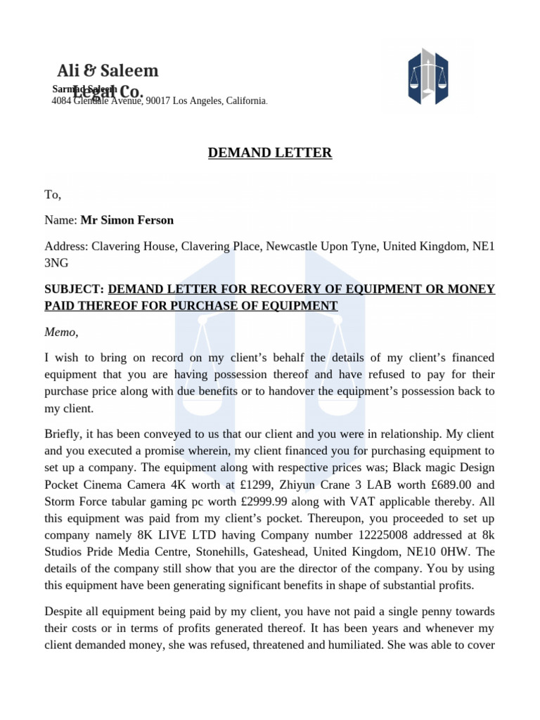 Demand Letter for Equipment Recovery | PDF | Private Law | Business