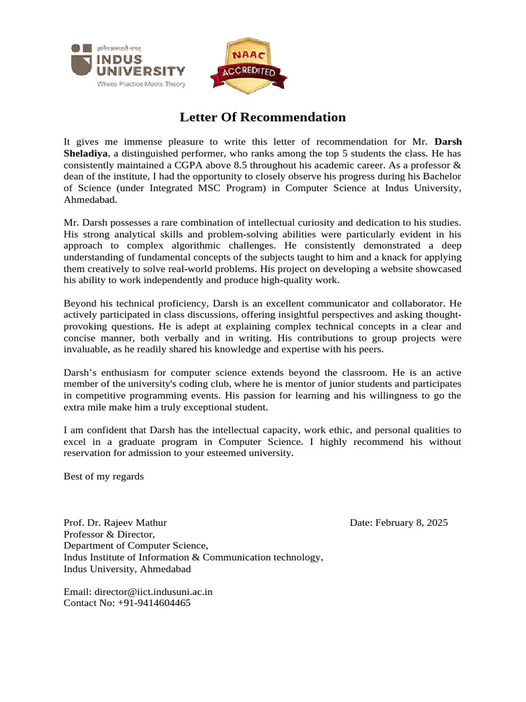 Darsh-Letter of Recommendation | PDF