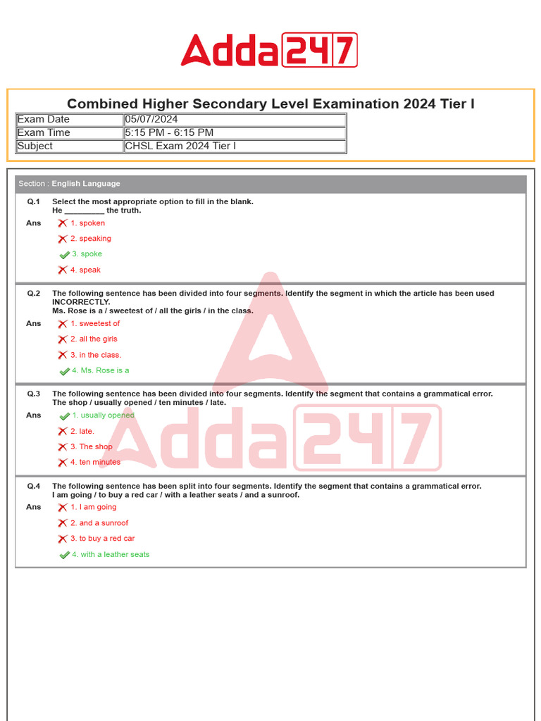 SSC CHSL 2024 Tier 1 Question Paper | PDF | Writ