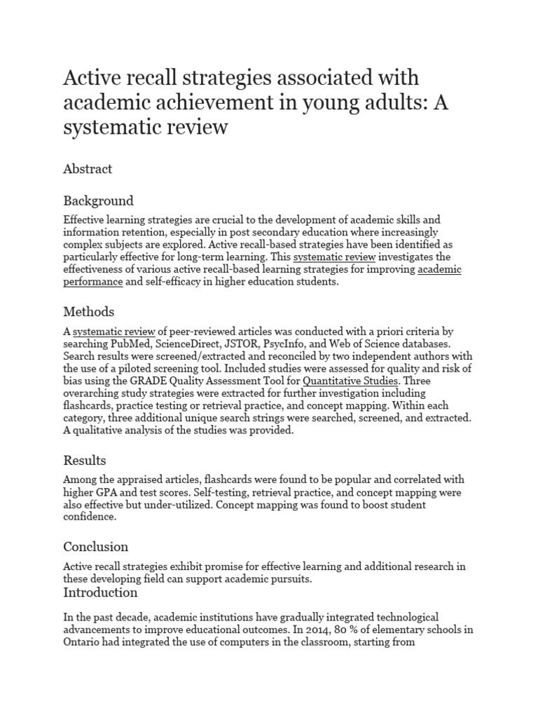 Active Recall Strategies for Academic Success | PDF | Systematic Review ...