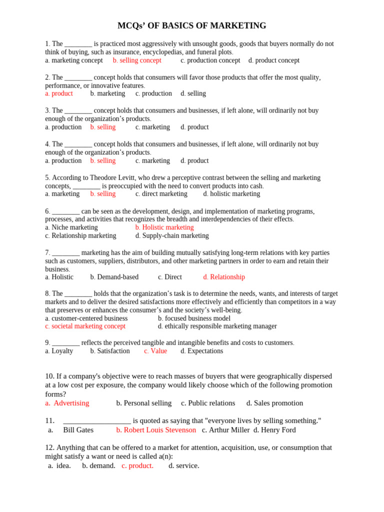 MCQS' of Basics of Marketing | PDF | Marketing | Business Economics