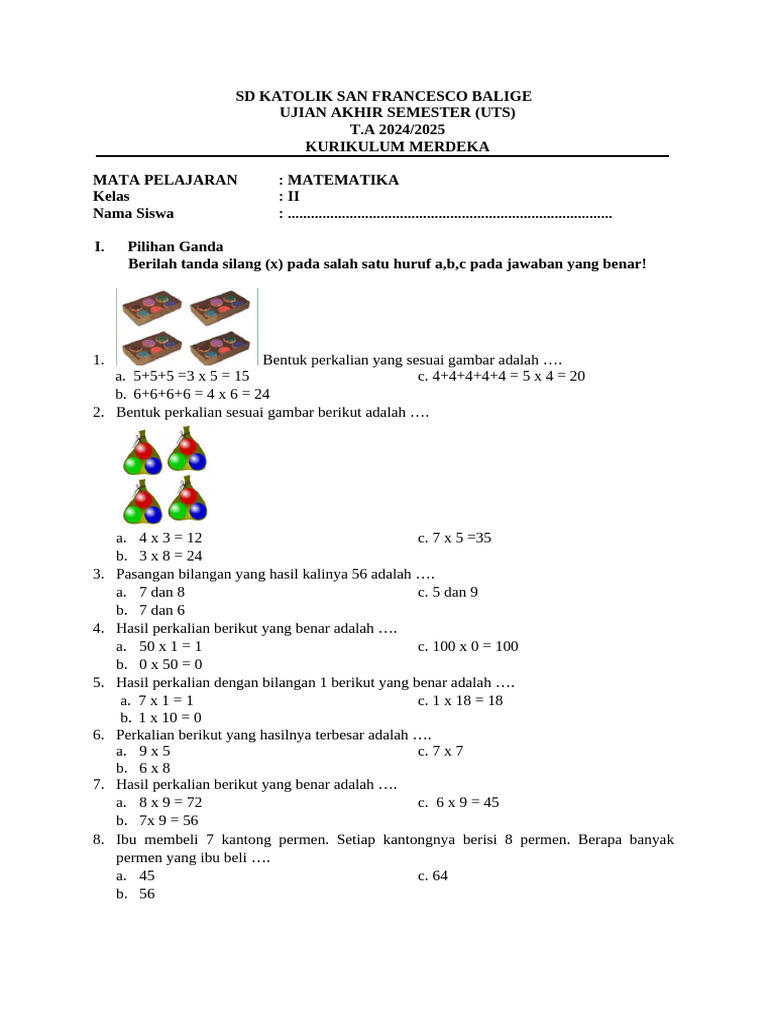 Uts Matematika Kelas 2 Semester 2 | PDF