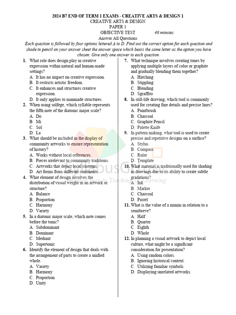 2024 B7 End of Term 1 Exams Creative Arts & Design 1 | PDF | Drawing