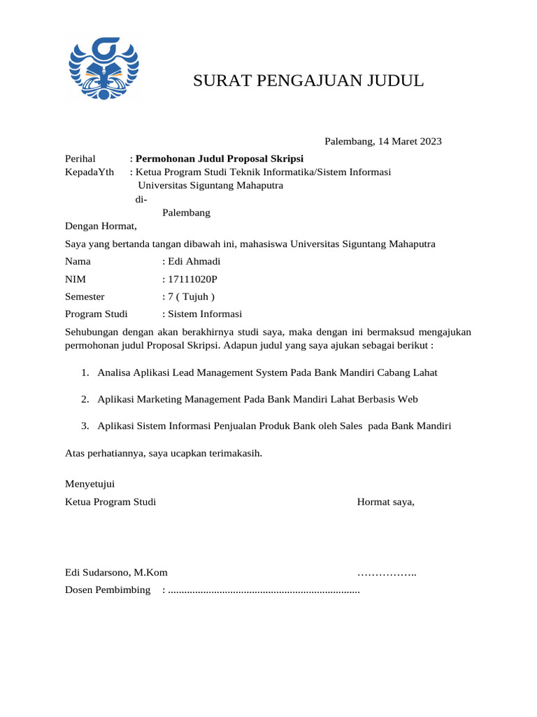Surat Pengajuan Judul Skripsi | PDF