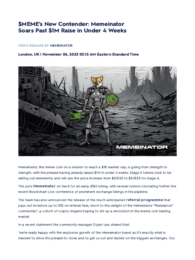 Memes New Contender Memeinator Soars Past 1m Raise in Under 4 Weeks ...