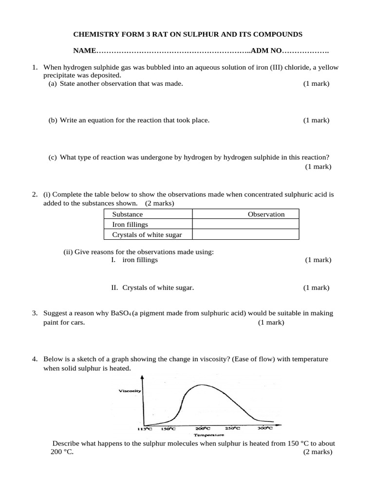 Chemistry Form 3 Rat On Sulphur and Its Compounds | PDF | Sulfur | Hydrogen
