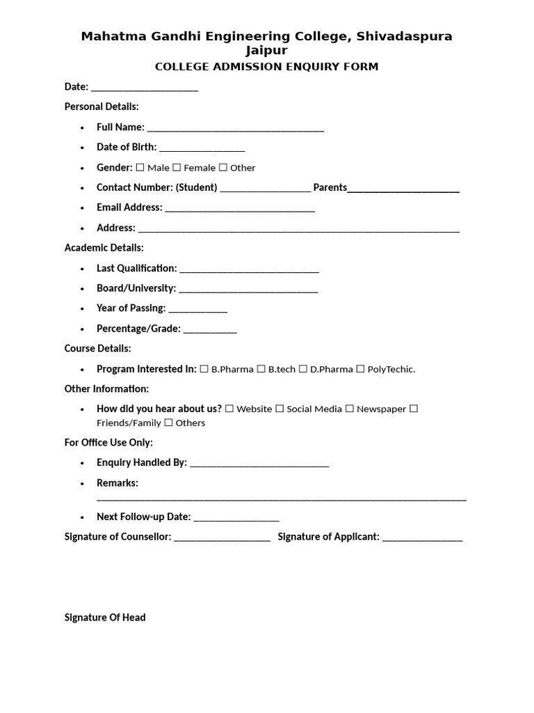 College Admission Enquiry Form | PDF