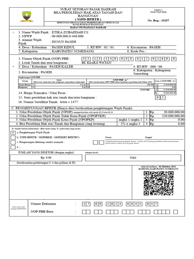 Surat Setoran Pajak BPHTB Sumedang | PDF