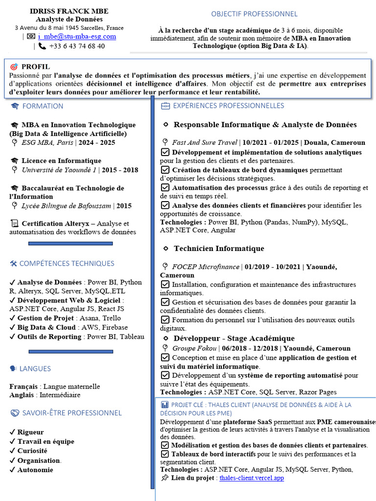 Analyste de Données : Expériences et Compétences | PDF | Big data ...