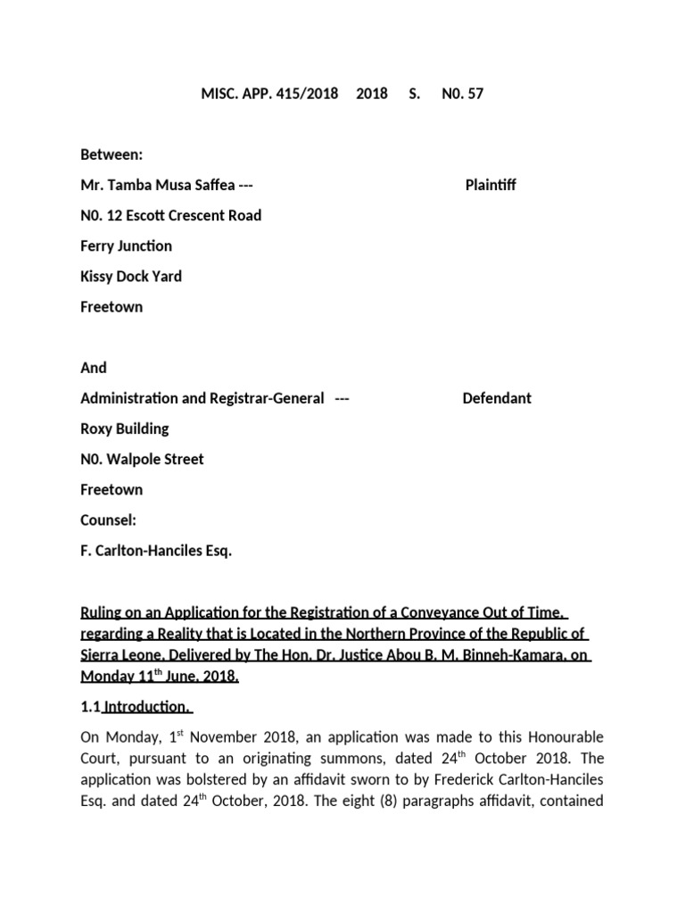 Tamba Musa Saffea V Administration and Registrar General (MISC APP 415 ...