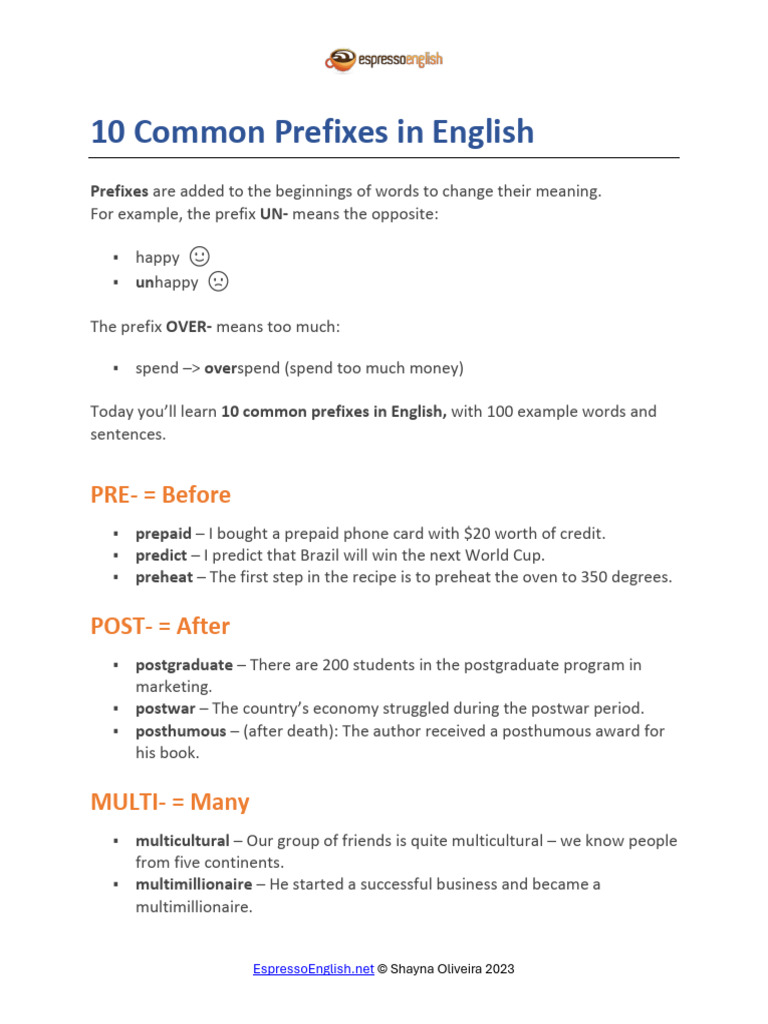 Free PDF 10 Common Prefixes in English | PDF